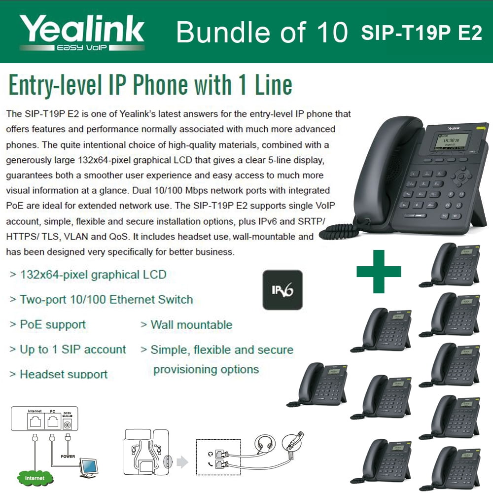 Yealink SIP-T19P E2 10-PACK VoIP Phone with 1 Line, PoE, Dual 10/100 ...