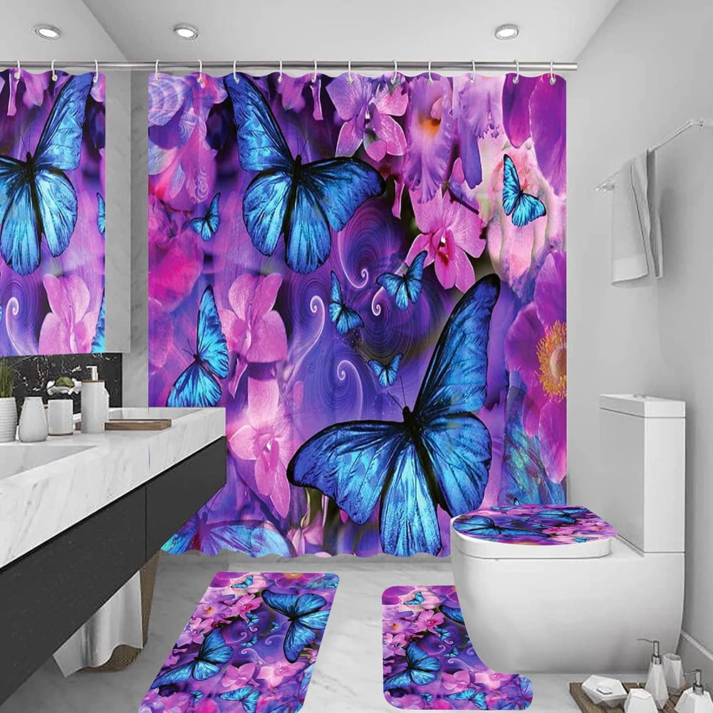 4pcs Flowers And Butterfly Shower Curtain Set With Non Slip Rugs And