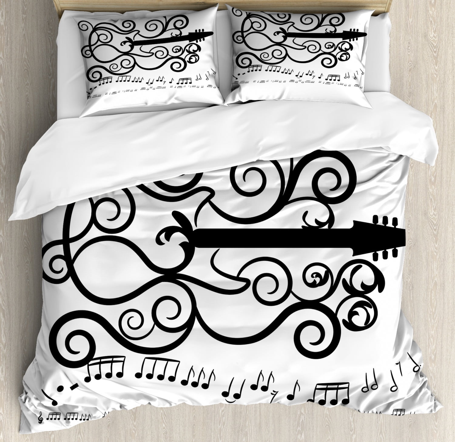 Guitar Duvet Cover Set King Size, Pattern of Retro Style Curls Music ...