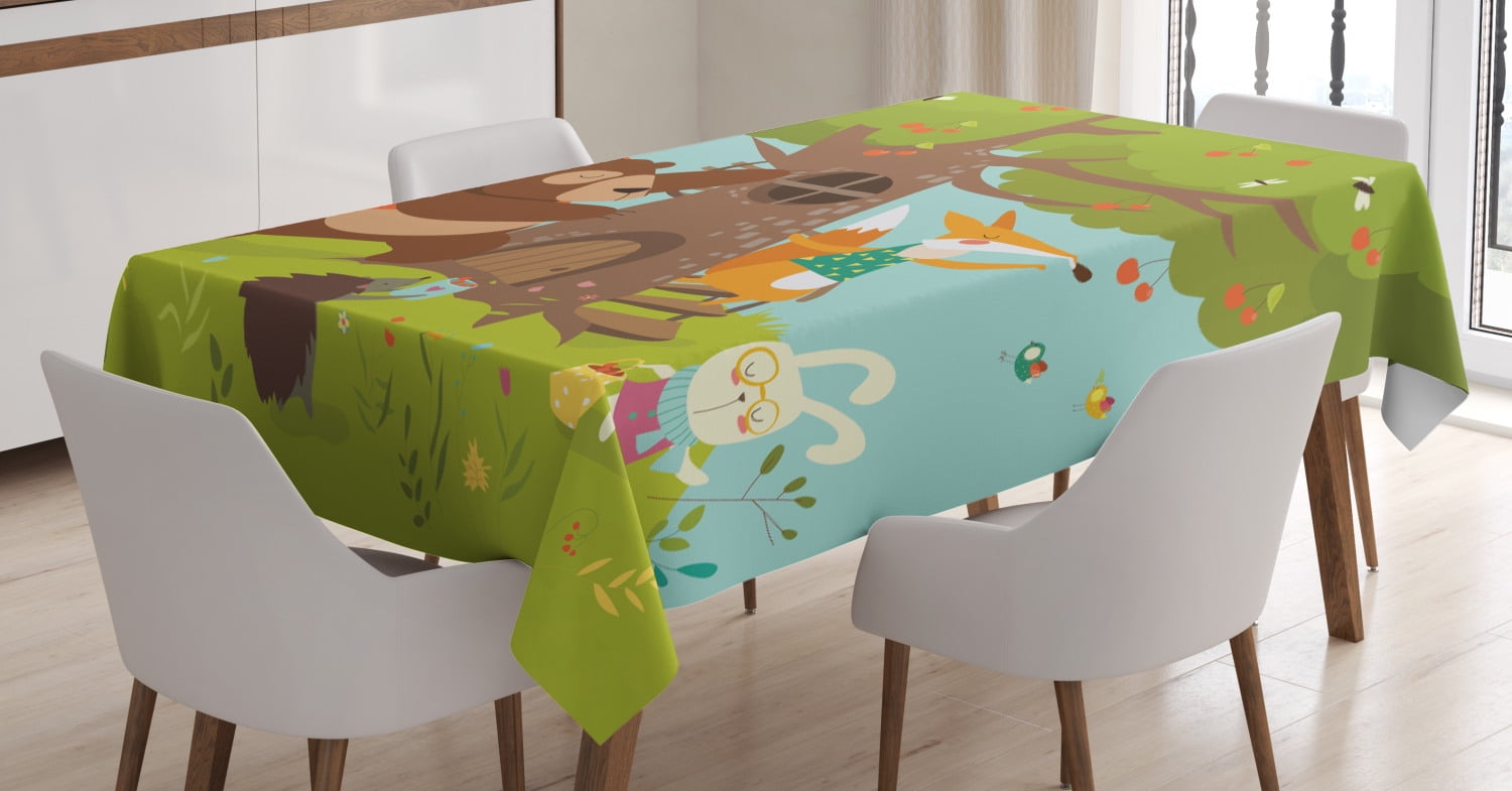 Hedgehog Tablecloth, Animal Group Harvesting Cherries Bear and Bunny ...