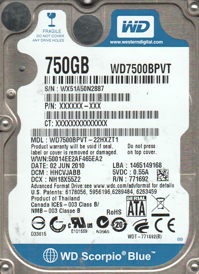 WD7500BPVT-22HXZT1, DCM HHCVJABB, Western Digital 750GB SATA 2.5 Hard ...