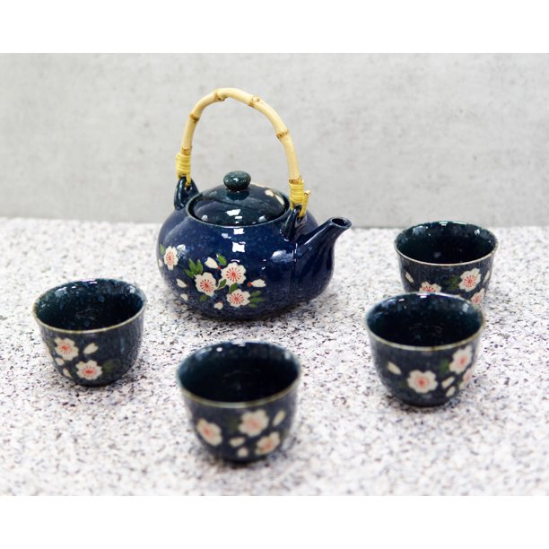 Japanese Sakura Cherry Blossom Flowers Navy Blue Ceramic Tea Pot With 4 ...