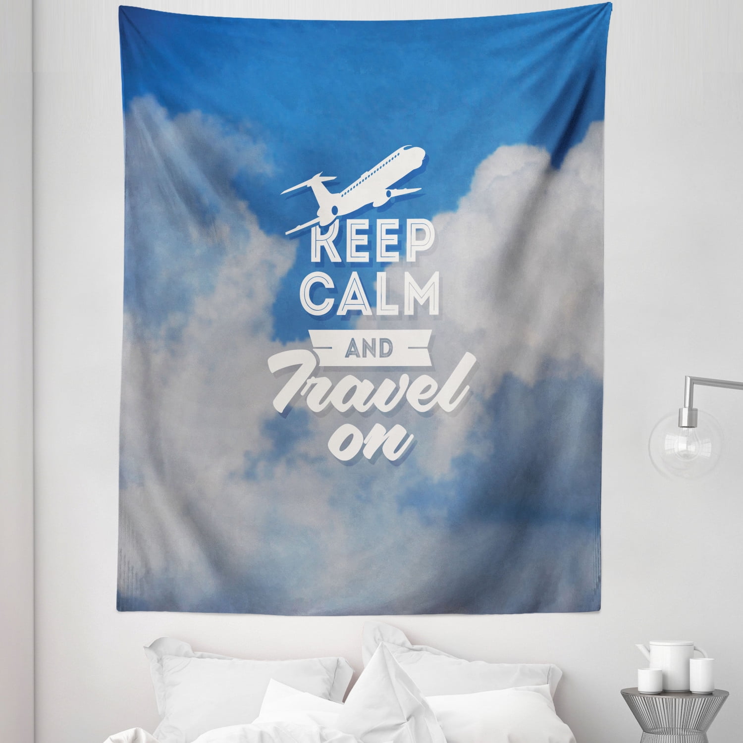 Saying Tapestry, AviatiTheme Keep Calm and Trave Message with Plane and ...