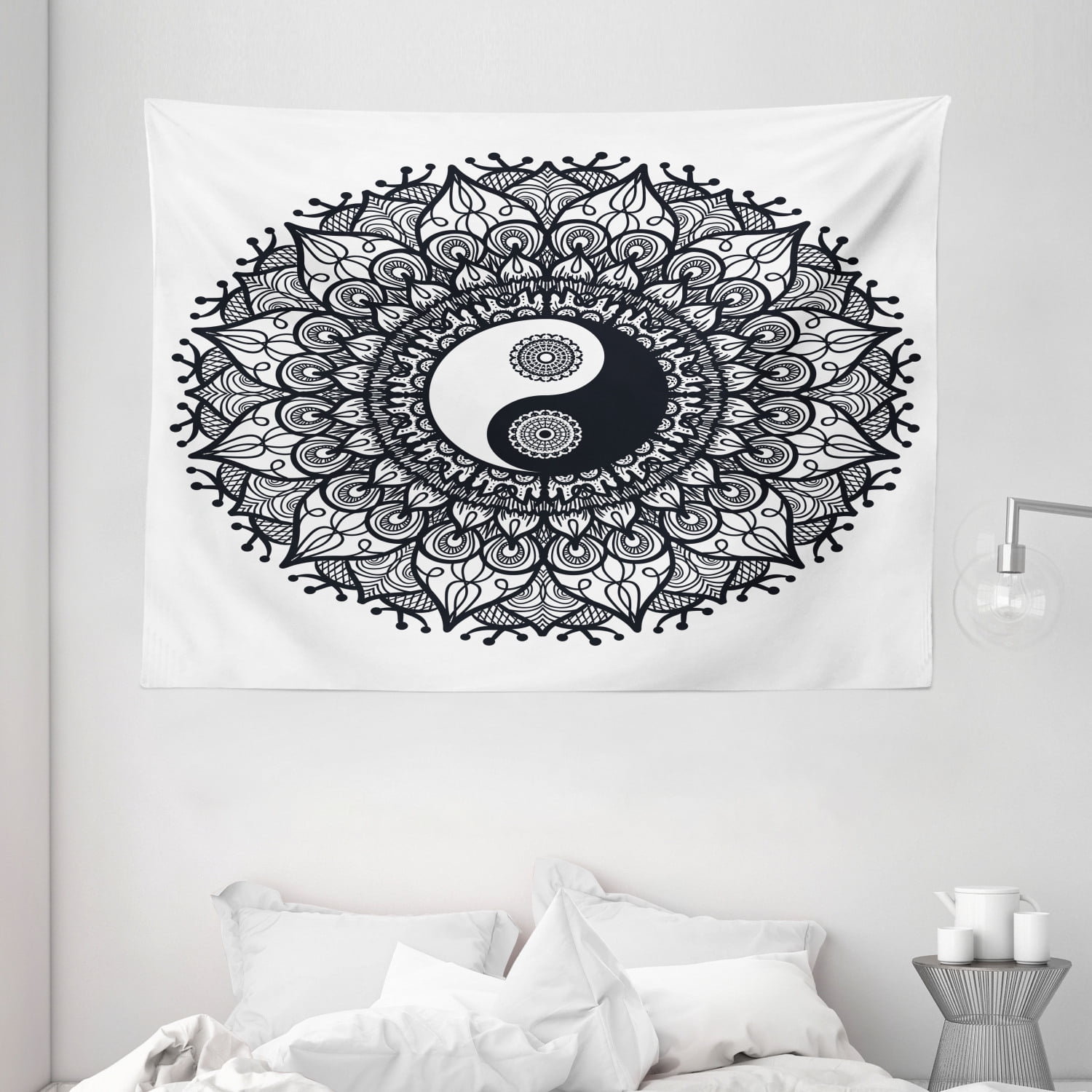 Ying Yang Decor Tapestry, Boho Tao Symbol in Floral Mandala Design ...