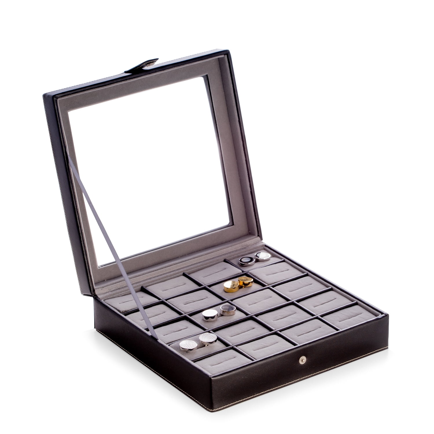 Black Leather 20 Cufflink Box with Glass Top and Snap Closure ...