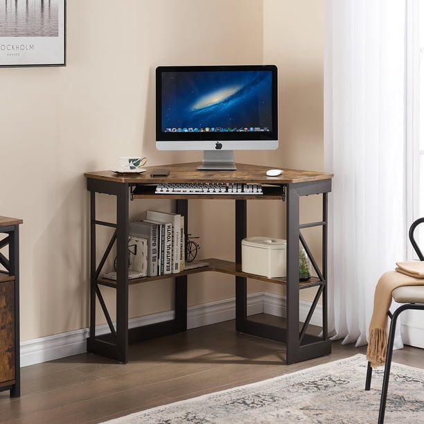 VECELO Corner Computer Desk with Keyboard Tray and Storage Shelf, Home ...