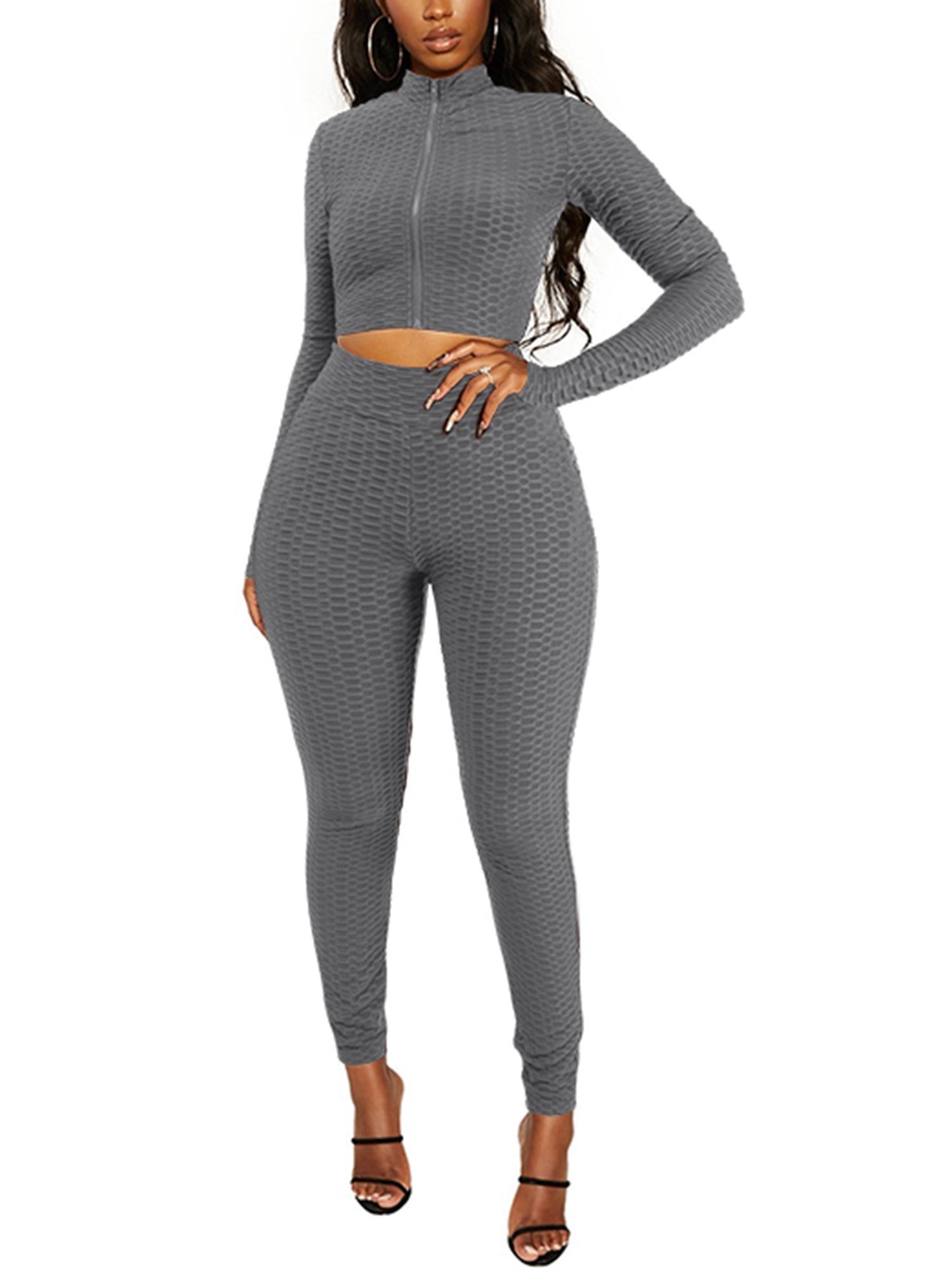 Qiylii Women Solid Color Clothes Set Long Sleeve Crop Tops with Zippe ...