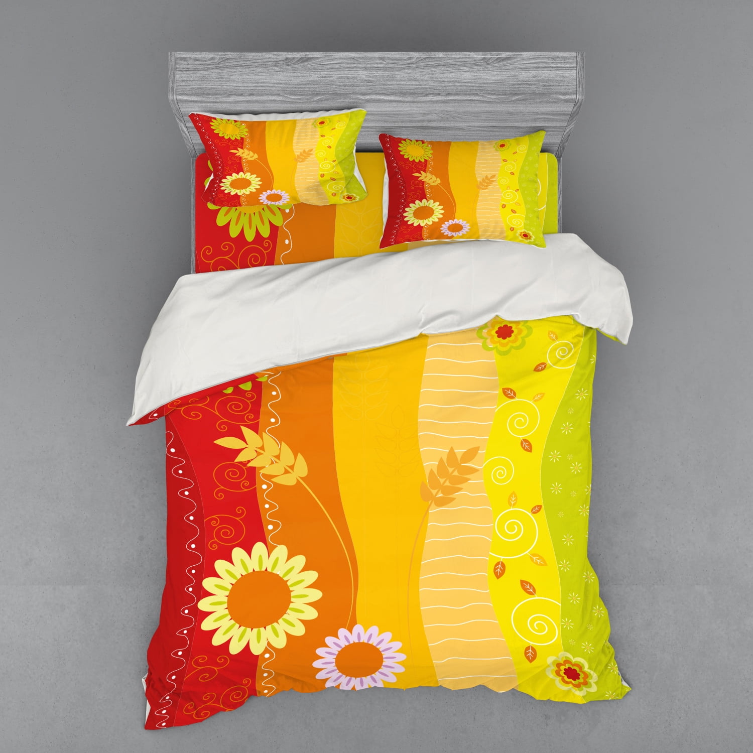 Colorful Duvet Cover Set, Colorful Stripes with Sunflowers and Wheat ...