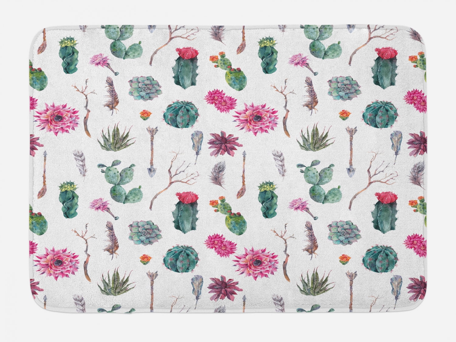 Cactus Bath Mat, Vintage Botanical Pattern Arrows Feathers Succulent ...