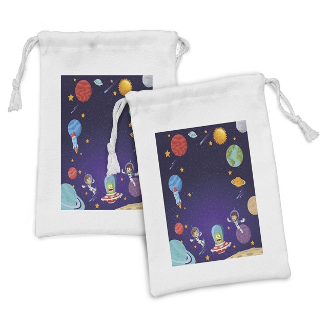 Alien Fabric Pouch Set of 2, Outer Space Themed Cartoon Astronaut ...