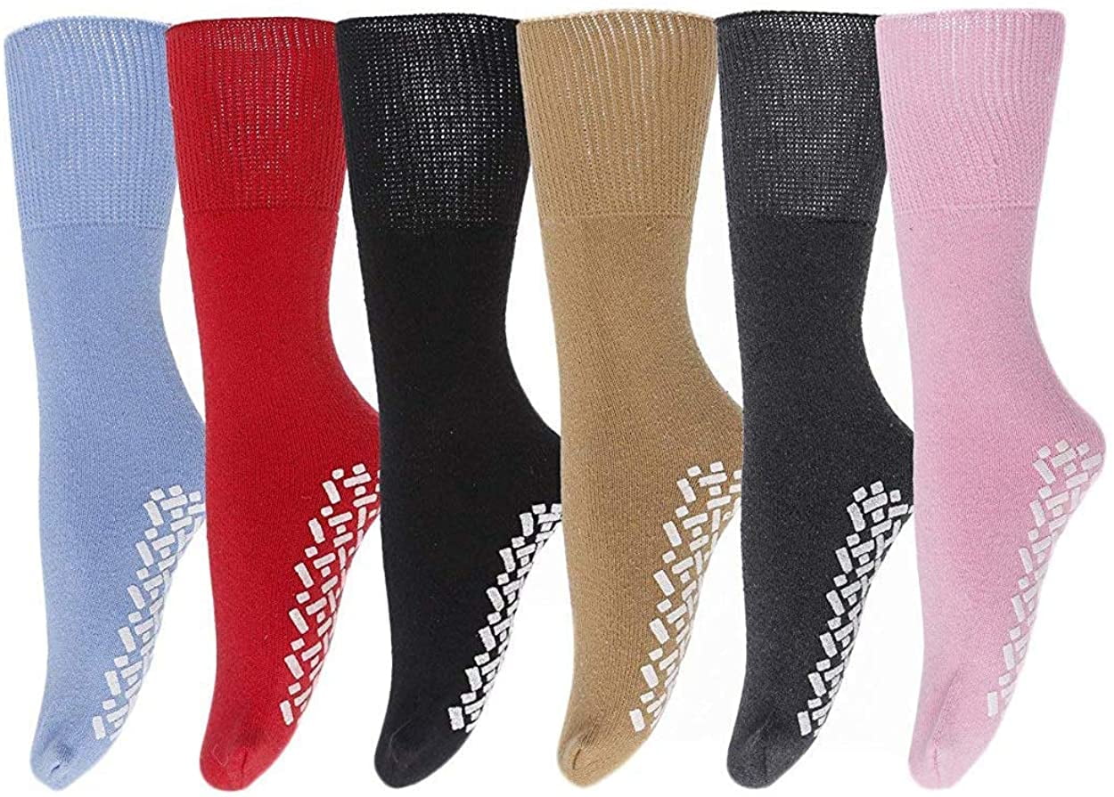 6 Pairs of Womens Non Skid/Slip Medical Socks, Cotton With Rubber ...