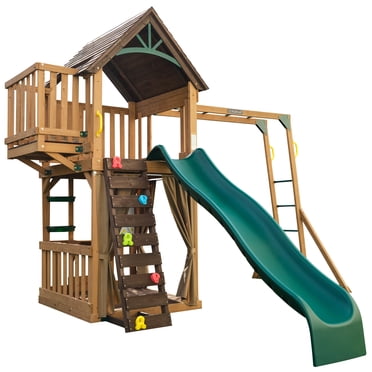 KidKraft Cozy Escape Wooden Outdoor Two-Story Playhouse with Slide ...