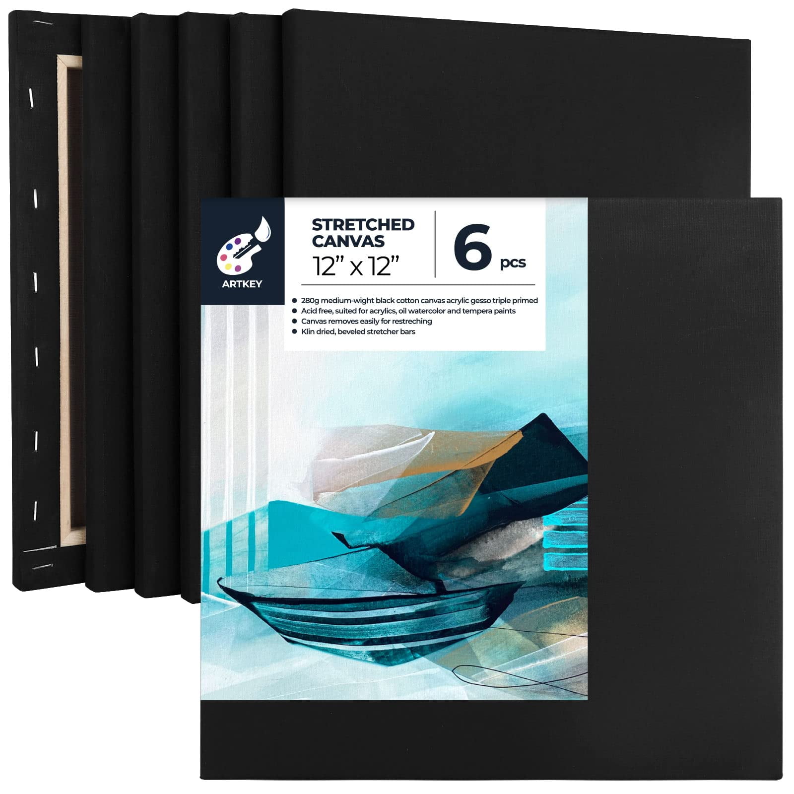 Artkey Black Canvas, 12X12" Stretched Canvases for Painting, 100% ...