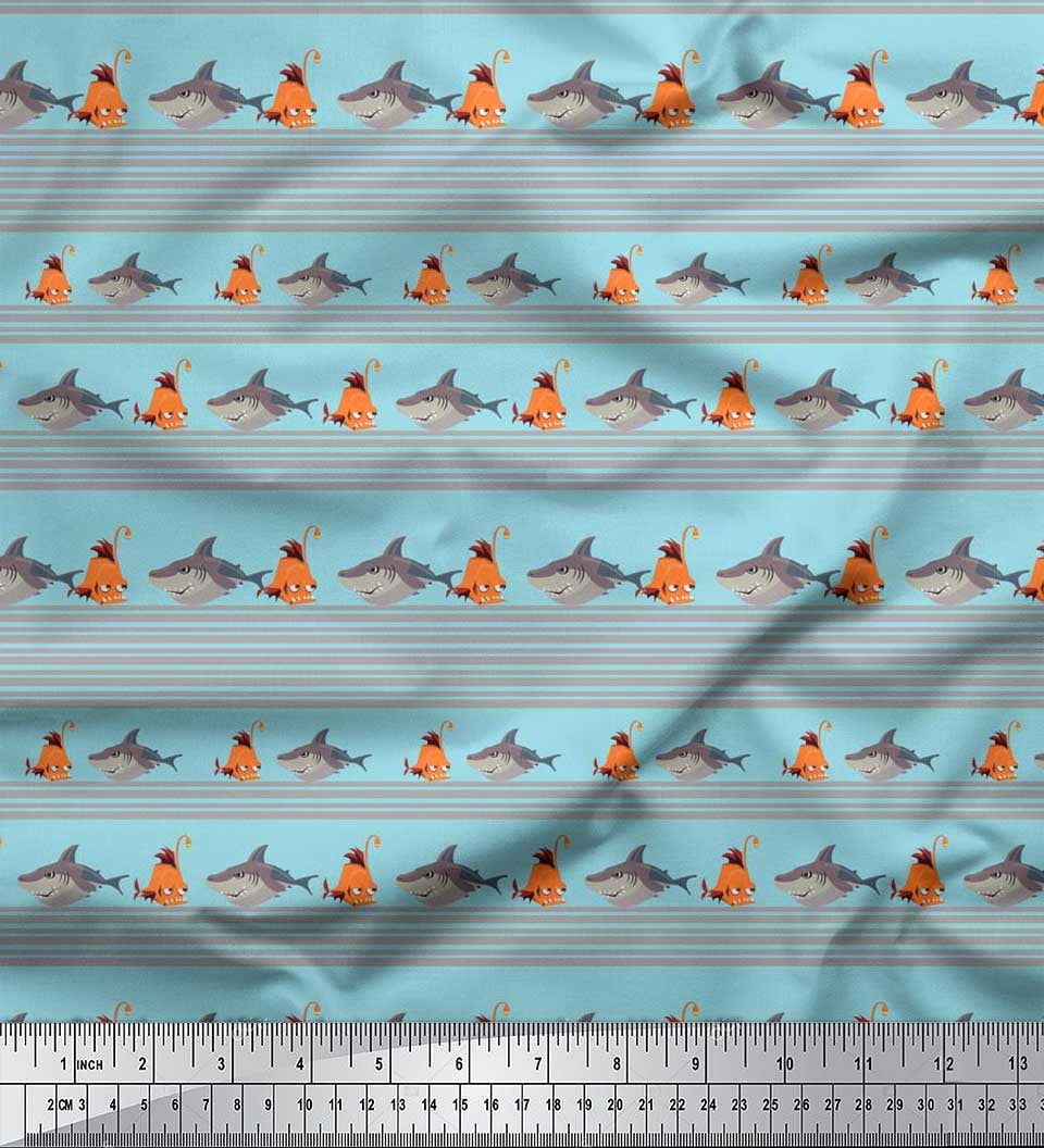 Soimoi Satin Silk Fabric Stripe & Shark Fish Kids Print Fabric by Yard ...