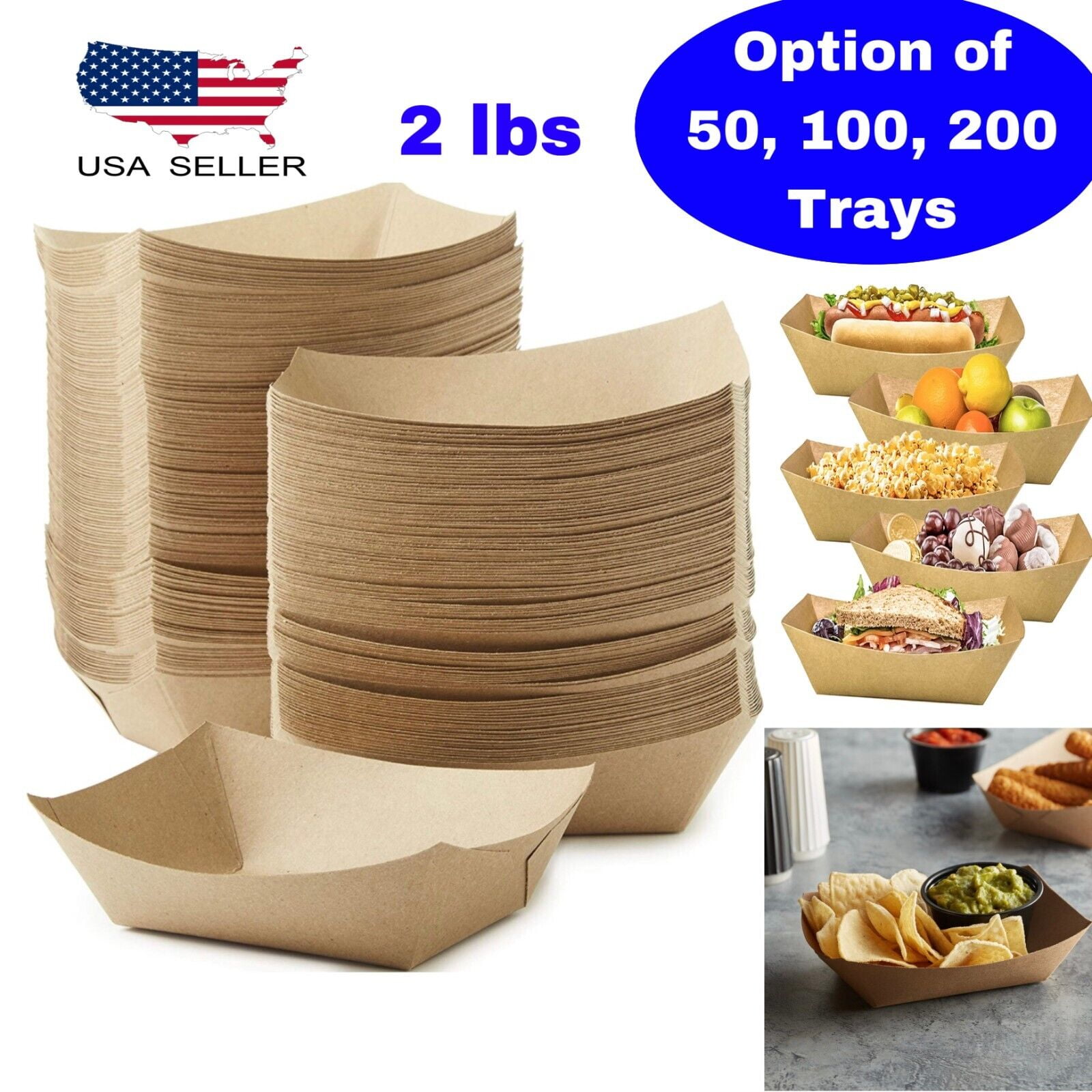 2 Lb Kraft Paper Food Tray Boat Brown Disposable Serving Trays For Food Snack