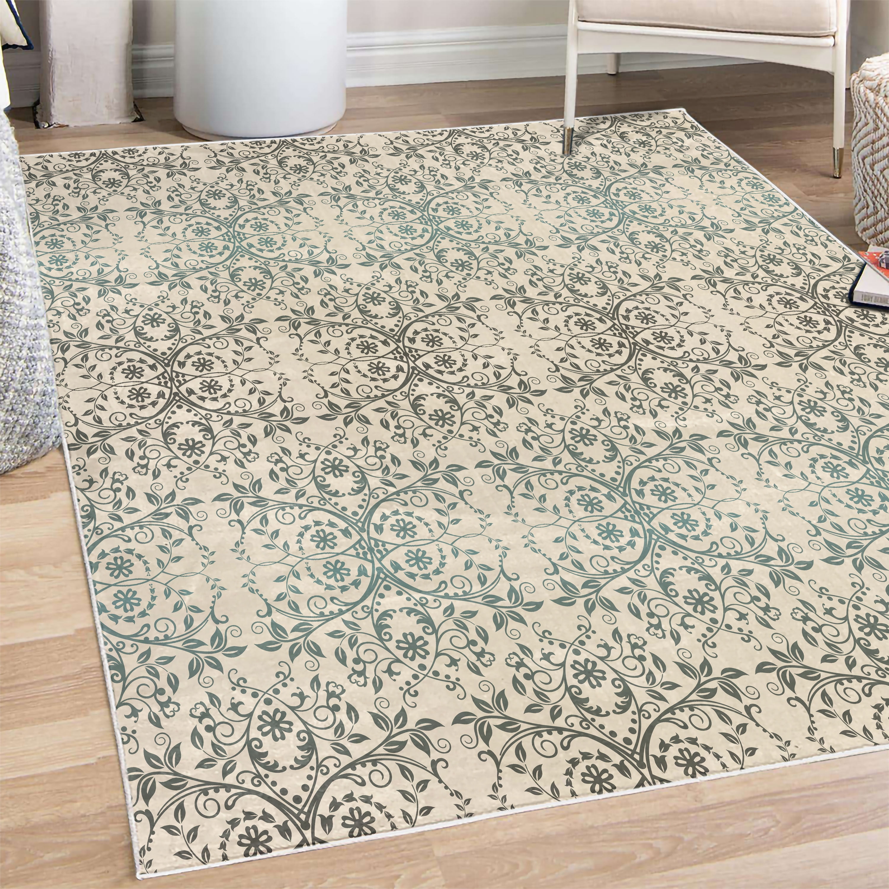 Floral Decorative Rug, Victorian Lace Flowers and Leaves Retro ...