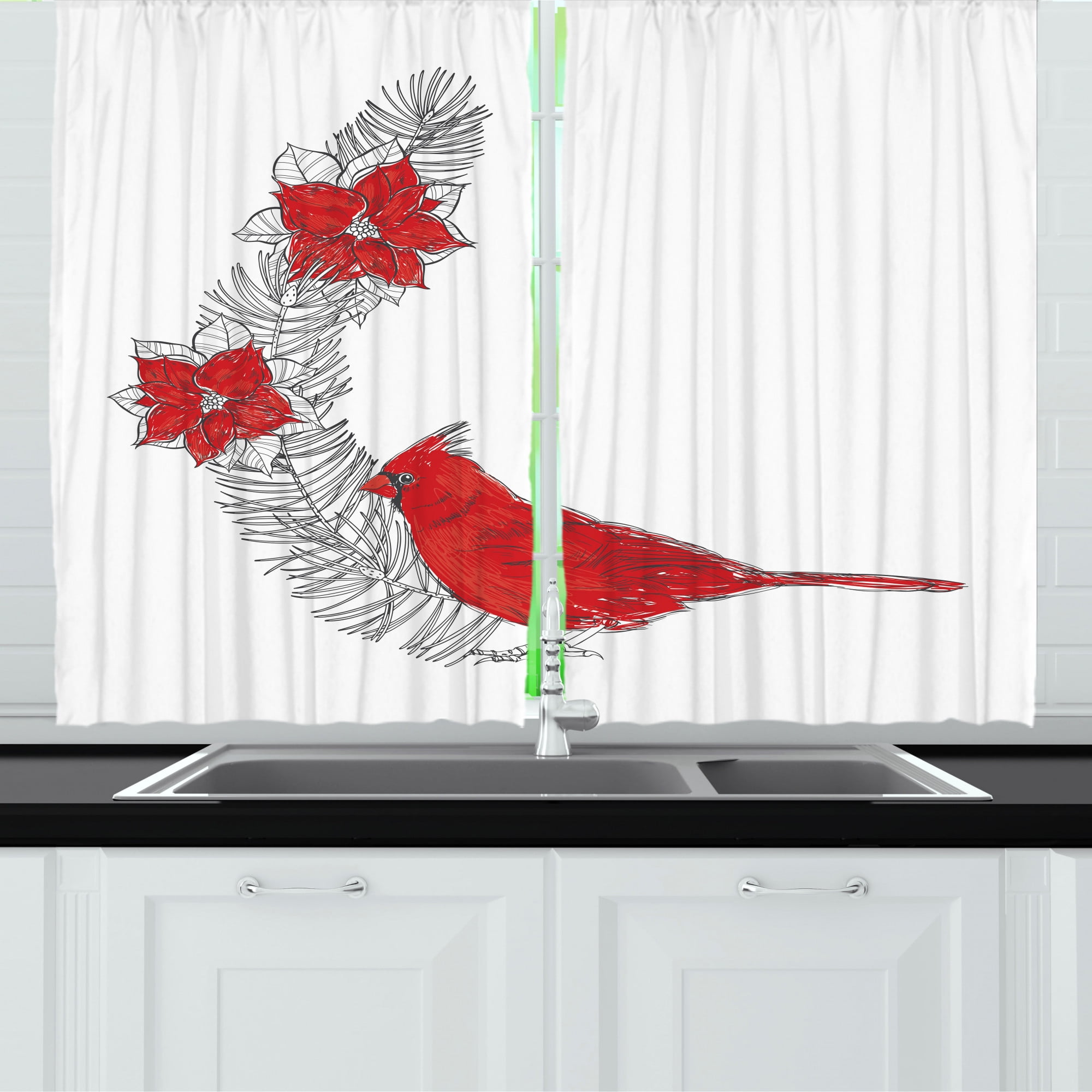 Cardinal Kitchen Curtains, Christmas Bird Branch Poinsettia Nature ...