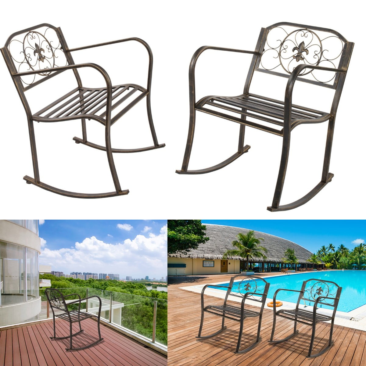 Goorabbit Wrought Iron Rocking Chair, Outdoor Metal Rocking Chair, Flat ...
