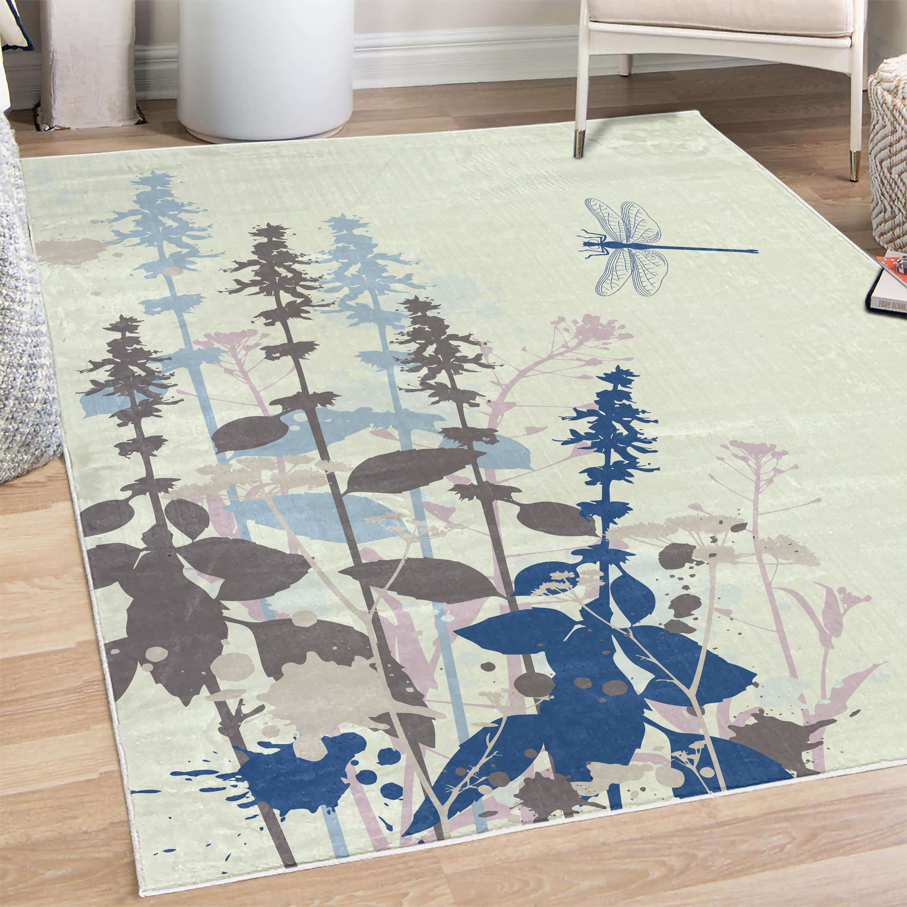 Dragonfly Decorative Rug, Nature Plants Grass with Wildflowers with ...