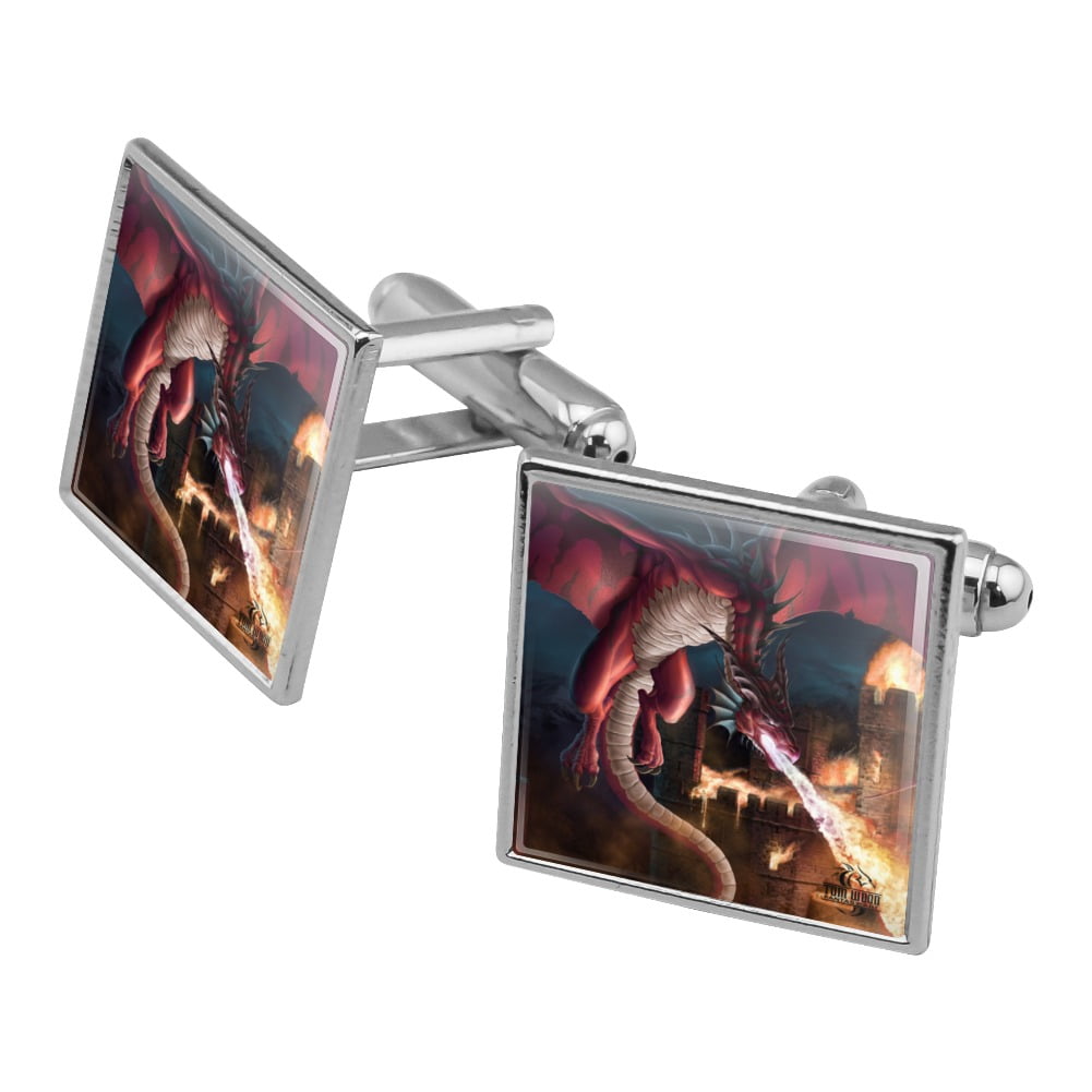 Fire Breathing Red Dragon Castle Fantasy Square Cufflink Set - Silver ...