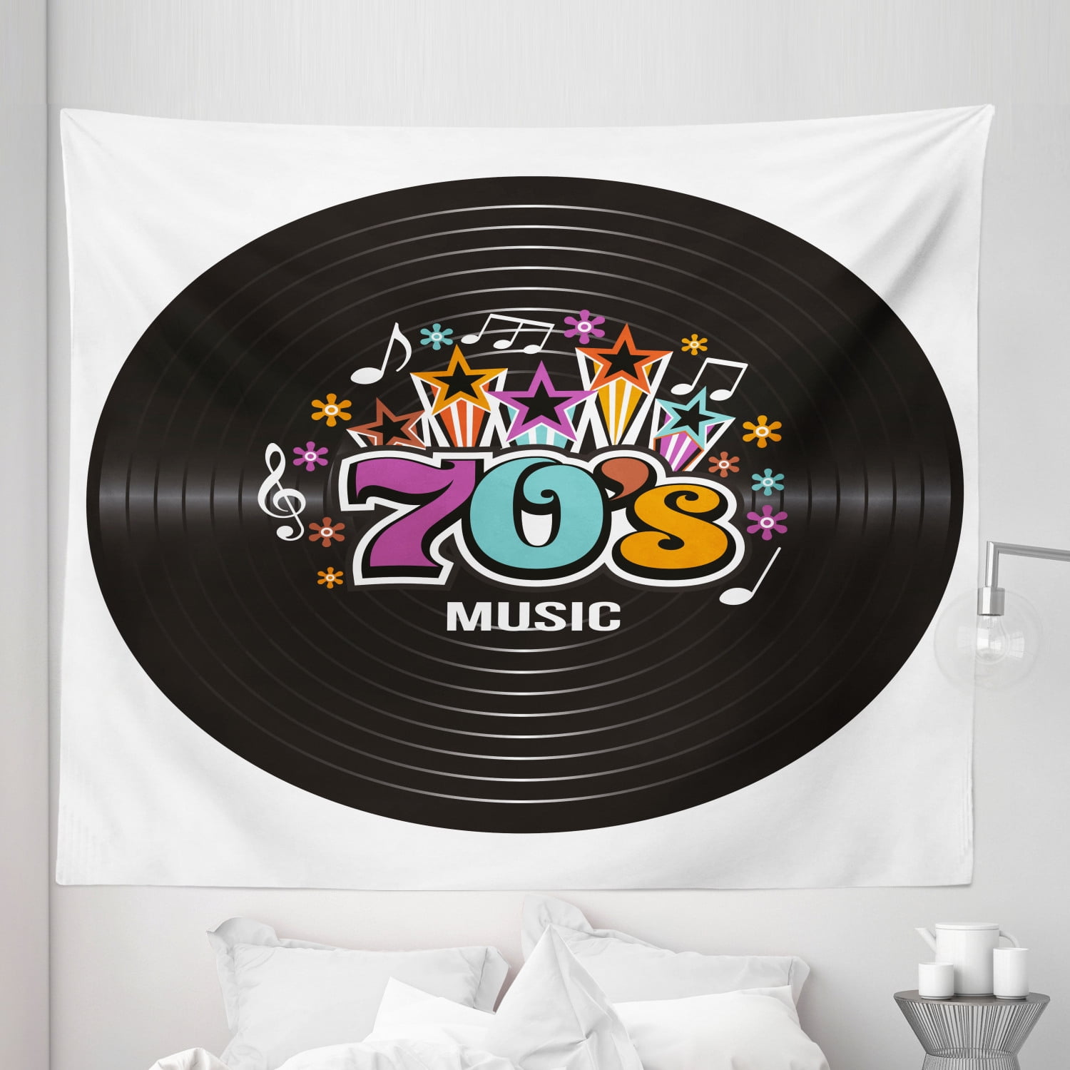 Vinyl Tapestry, Music Theme Colorful Stars Flowers Notes Record Vinyl ...