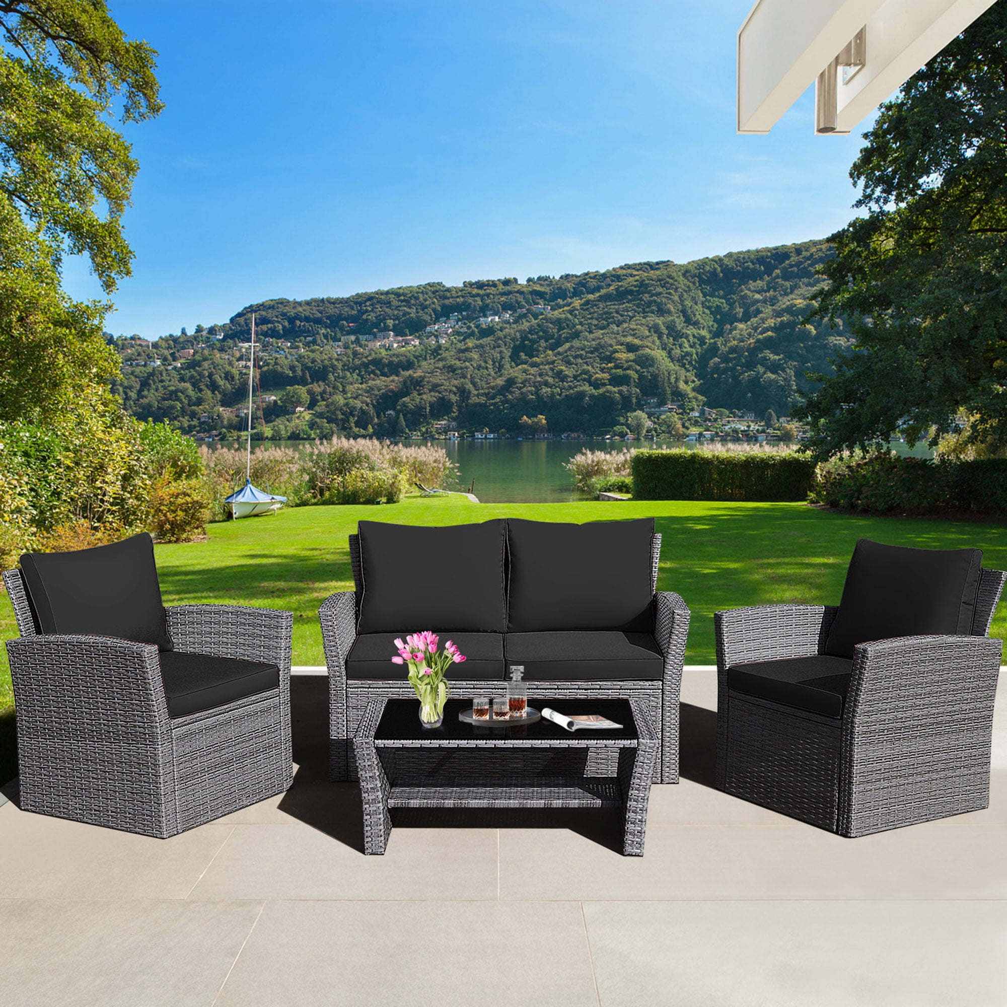 Click here for Gymax 4pcs Patio Rattan Conversation Set Outdoor F... prices