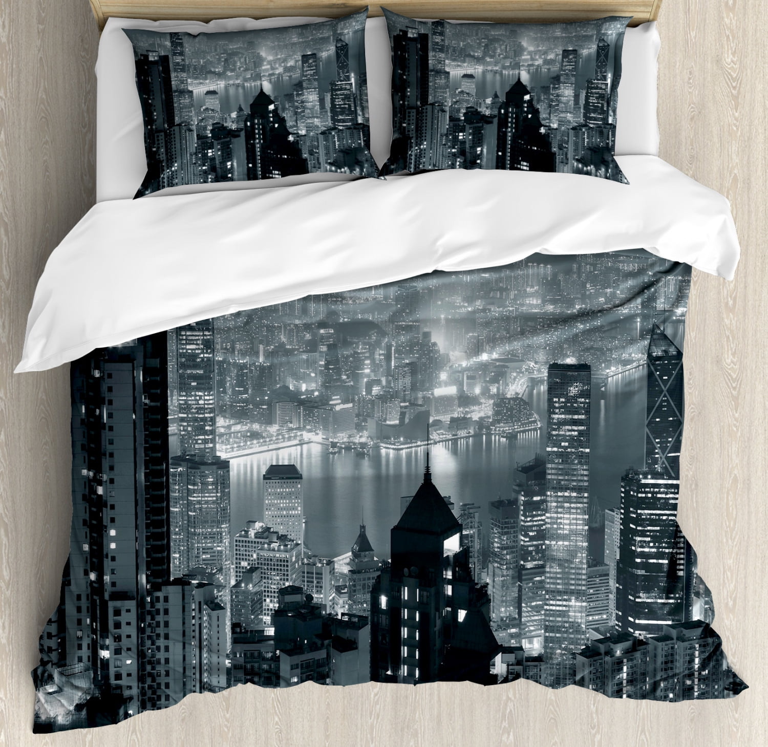 City Duvet Cover Set King Size, Aerial Night of View Hong Kong Skyline ...