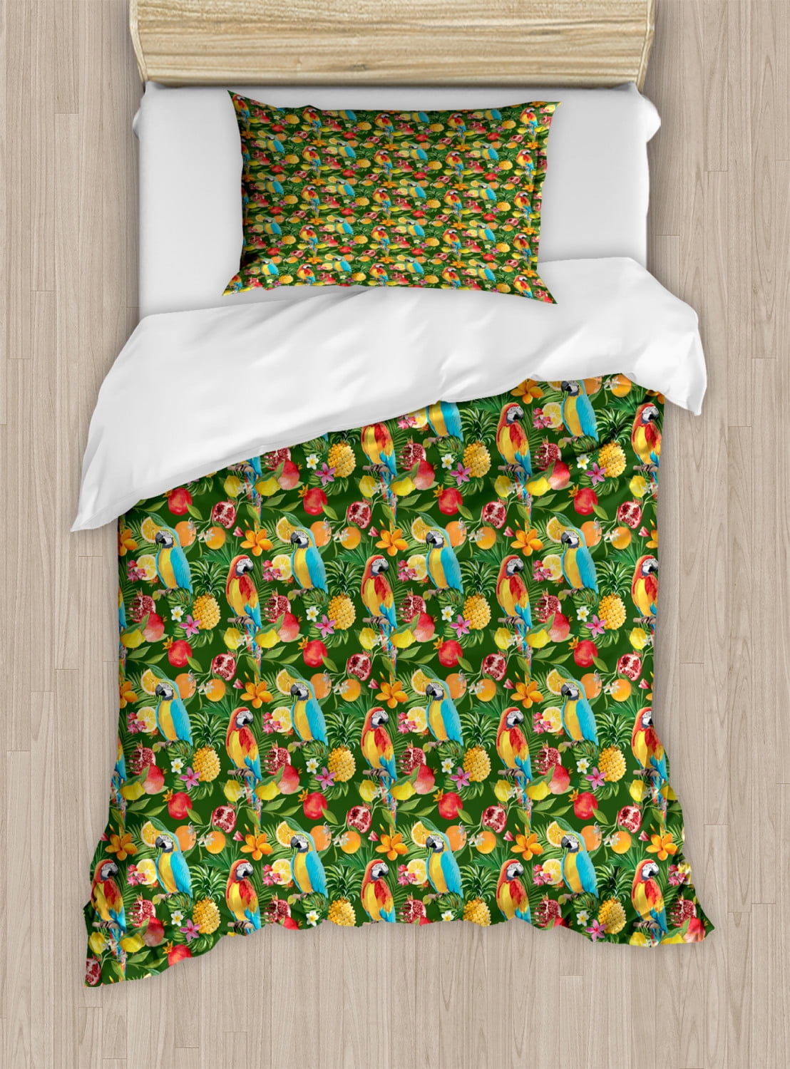 Tropical Duvet Cover Set Twin Size, Watercolor Exotic Parrots Juicy ...