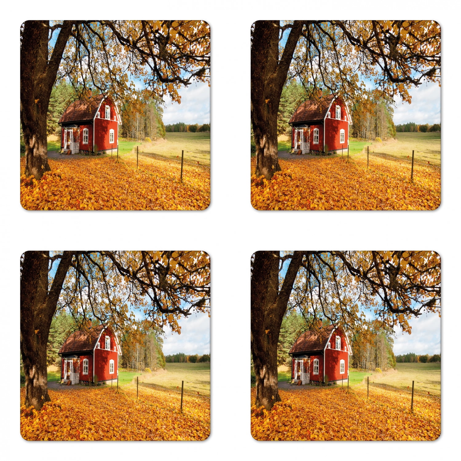 Fall Coaster Set of 4, Quaint Traditional Red Swedish House Tranquil ...