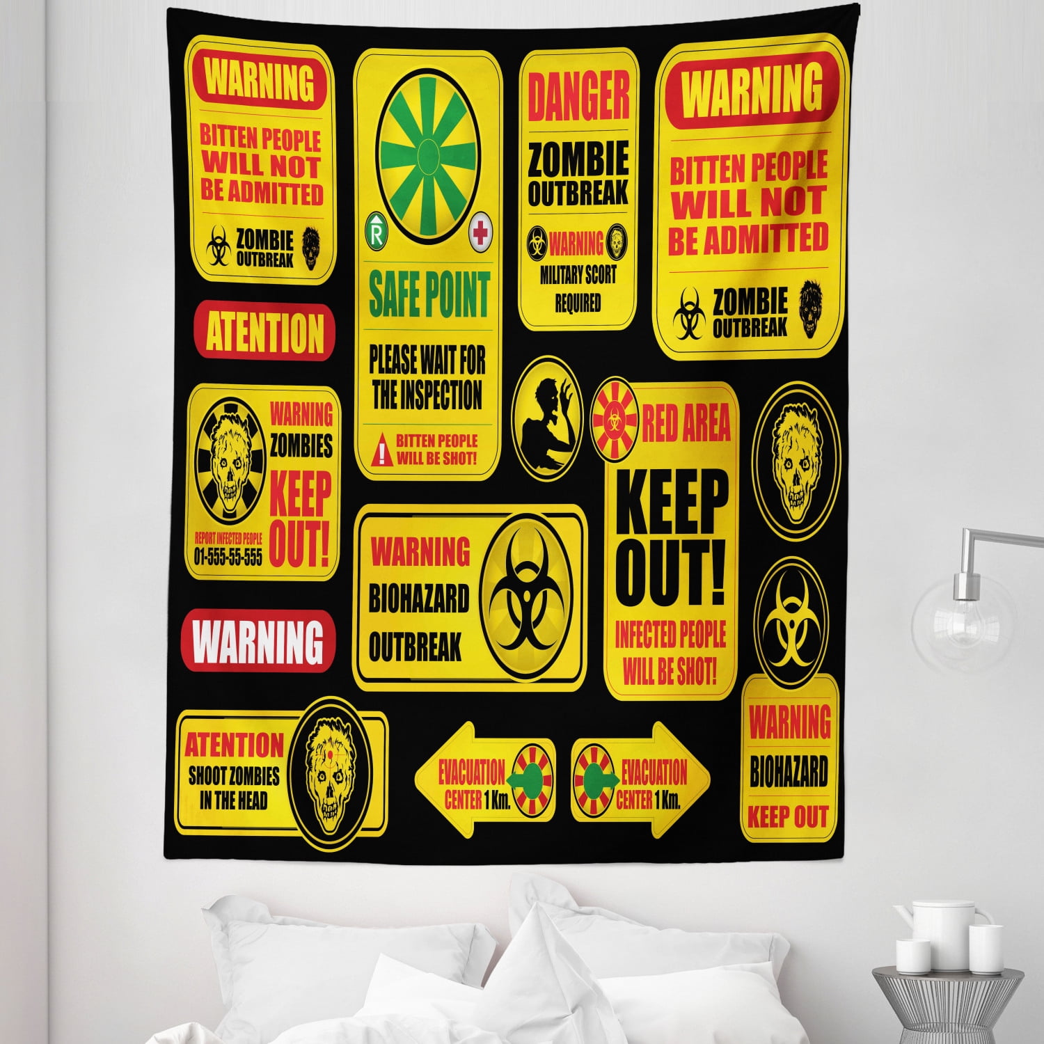 Zombie Tapestry, Apocalypse Signs Attention Danger Safe Point Evil ...