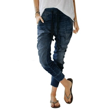 Womens Elastic Waist Pencil Stretch Denim Skinny Drawstring Jeans Pants ...
