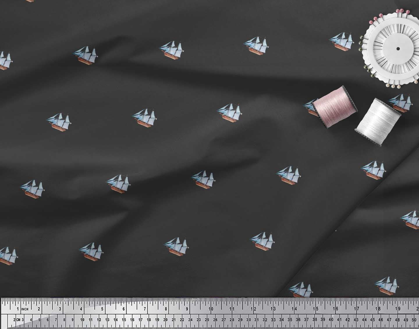Soimoi Black Silk Fabric Yacht Nautical Print Fabric by the Yard 42 ...
