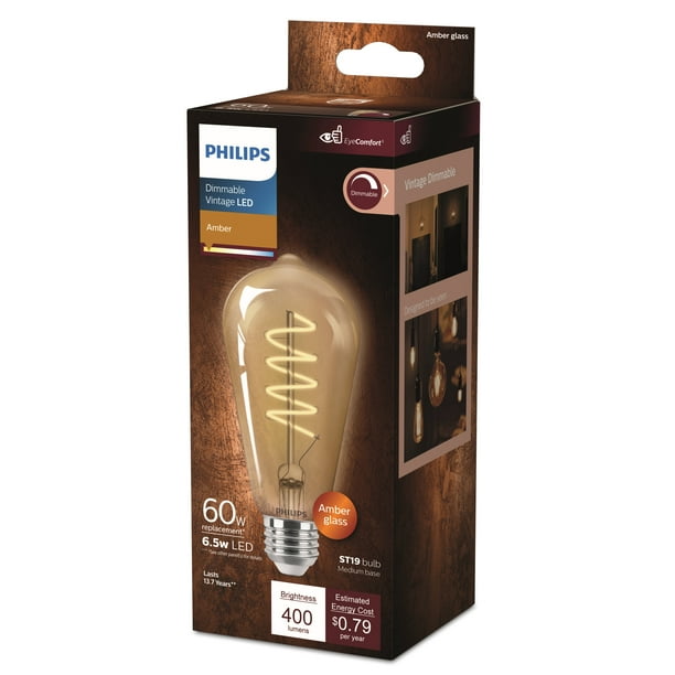 Philips LED 60-Watt ST19 Filament Straight Tubular Vintage Spiral Light ...