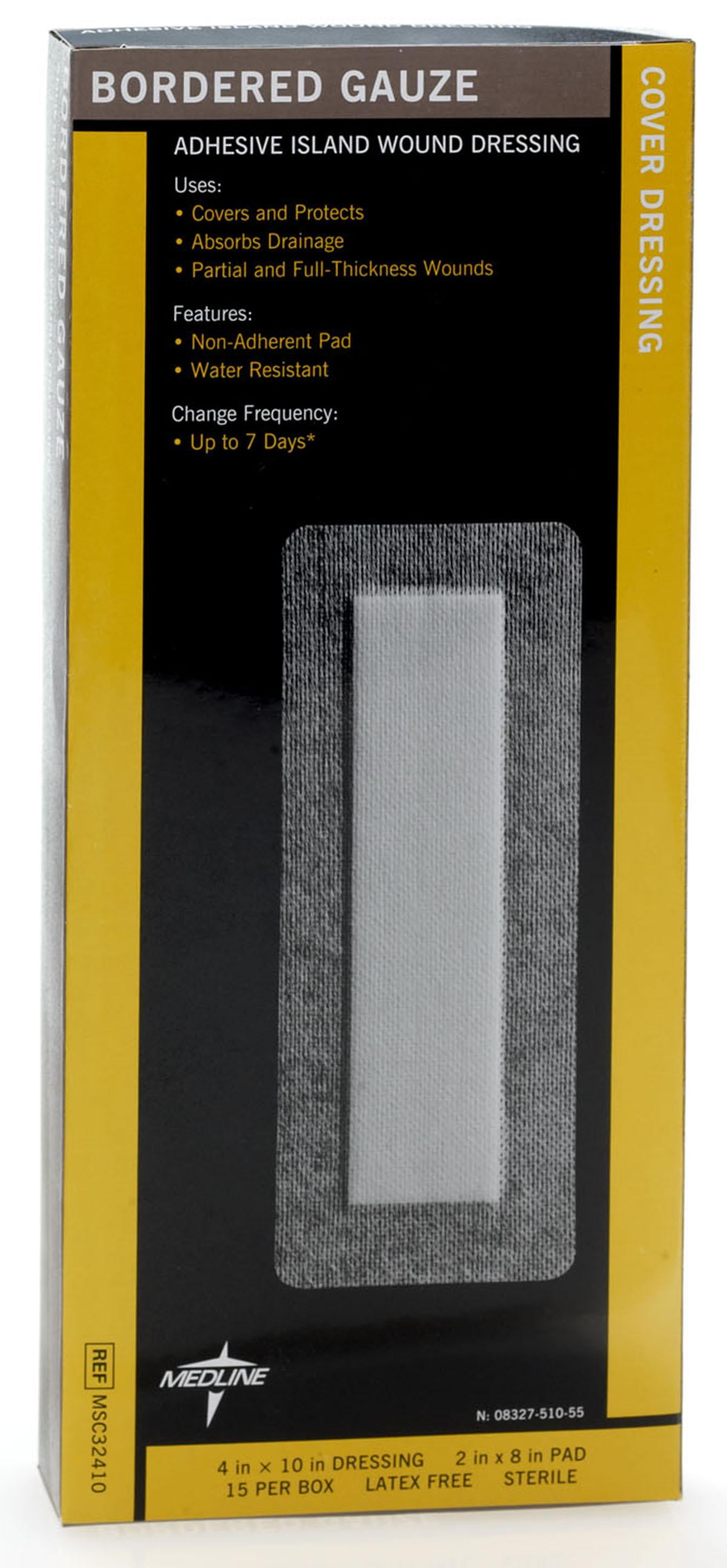 Medline Bordered Gauze, Adhesive Island Wound Dressing, Sterile, 4"x10 ...