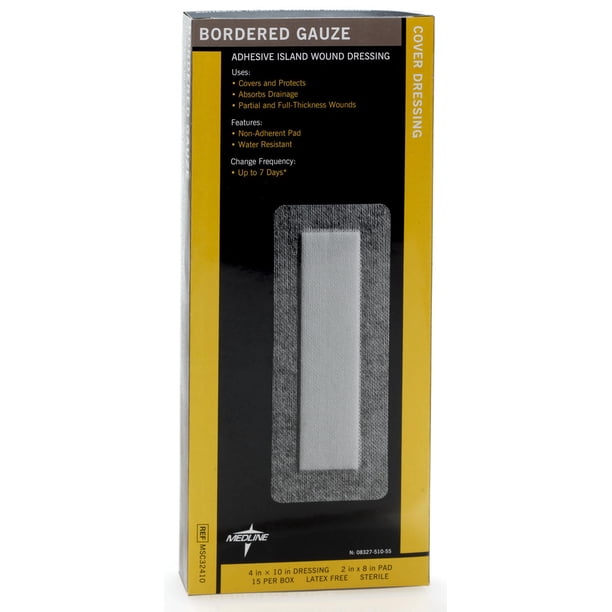 Medline Bordered Gauze, Adhesive Island Wound Dressing, Sterile, 4"x10 ...