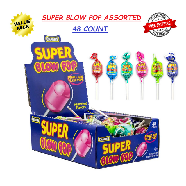 CHARMS SUPER Blow Pop, Assorted Flavors, Bubble Gum Filled Lollipops ...
