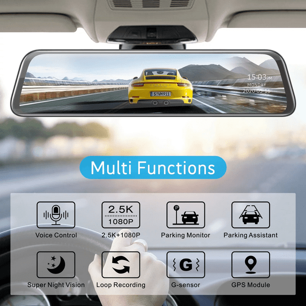 TOGUARD 2.5K Mirror Dash Cam with Voice Control GPS 12 Wireless Rear View Mirror with Night Vision Waterproof Backup Camera Front and Rear Dash Cam