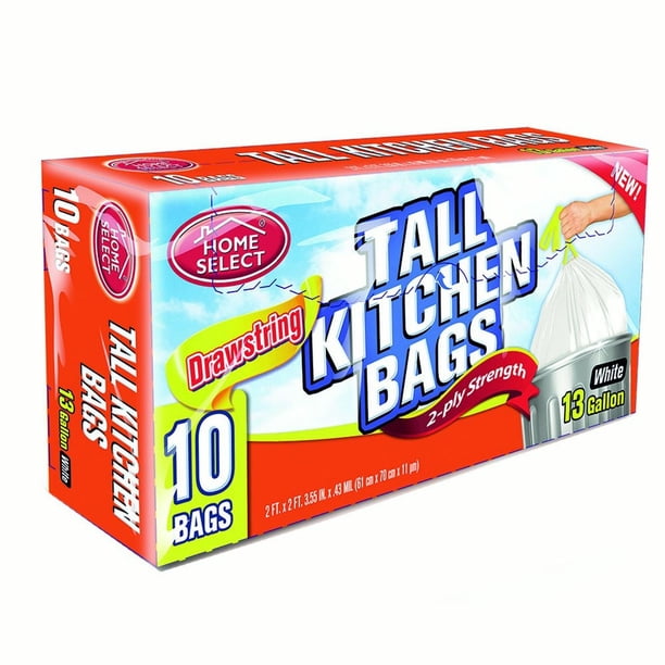 Home Select Drawstring Trash Bags, Tall Kitchen Bags, White , 13 gallon ...