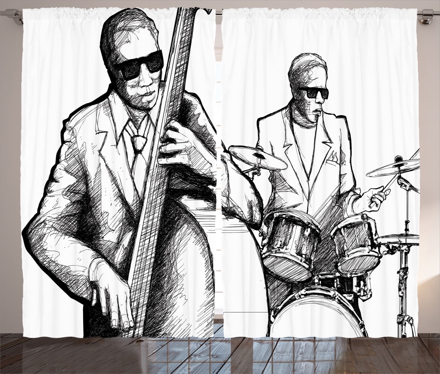 Jazz Music Decor Curtains 2 Panels Set, Illustration of a Jazz Band ...