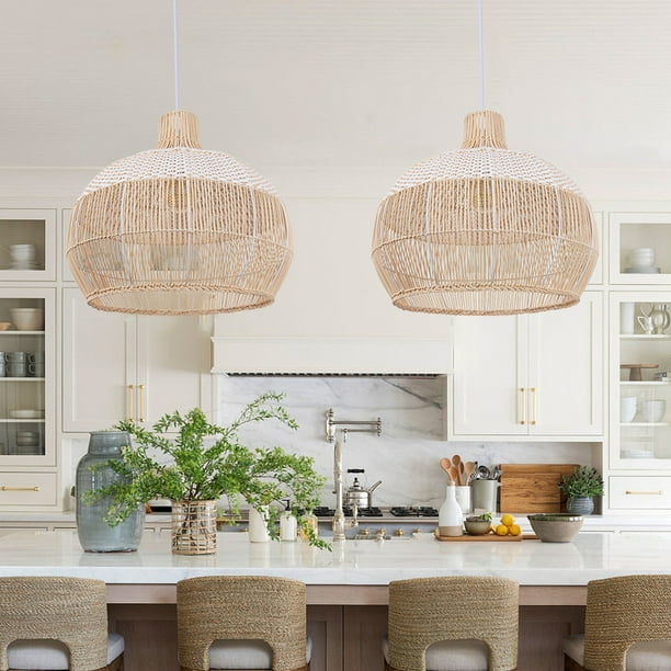 Arturesthome White Handwoven Rattan Boho Pendant Lighting Fixtures Wicker Hanging Ceiling Light ...
