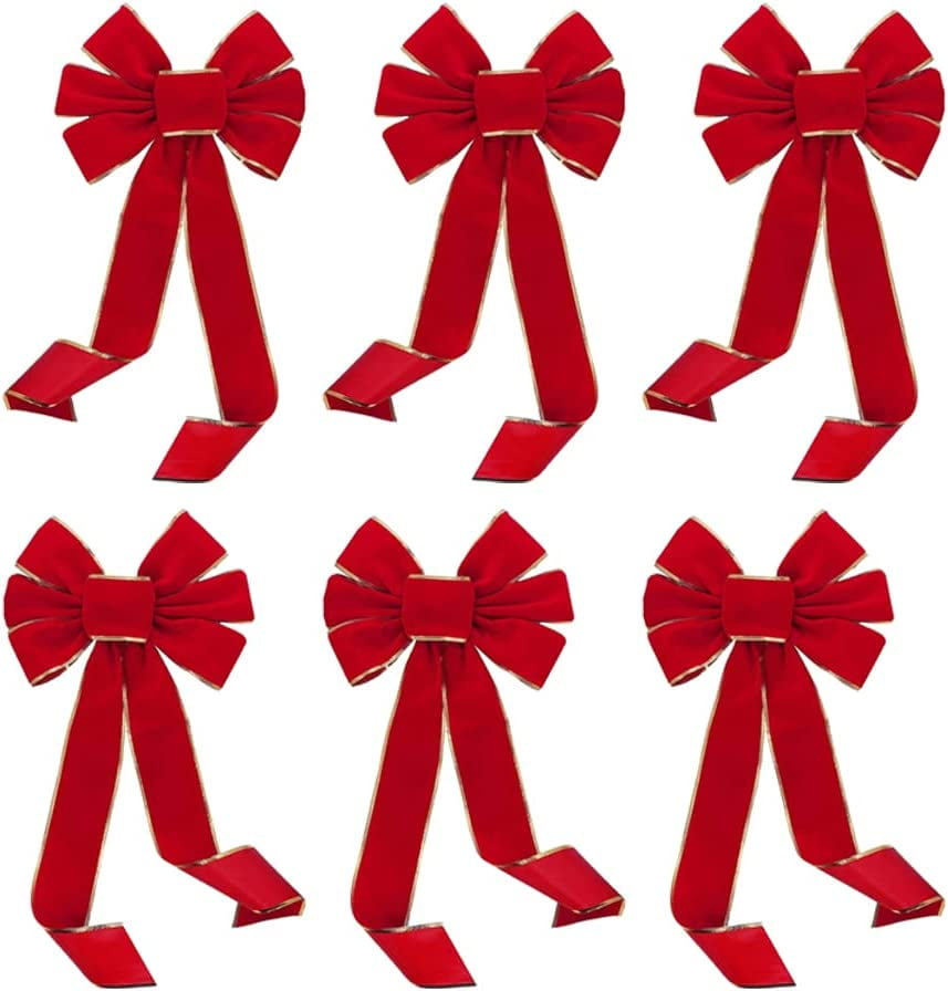 Gold Edge Christmas Wreath Bows - 10" Wide, Set of 6, Red Velvet, Front ...
