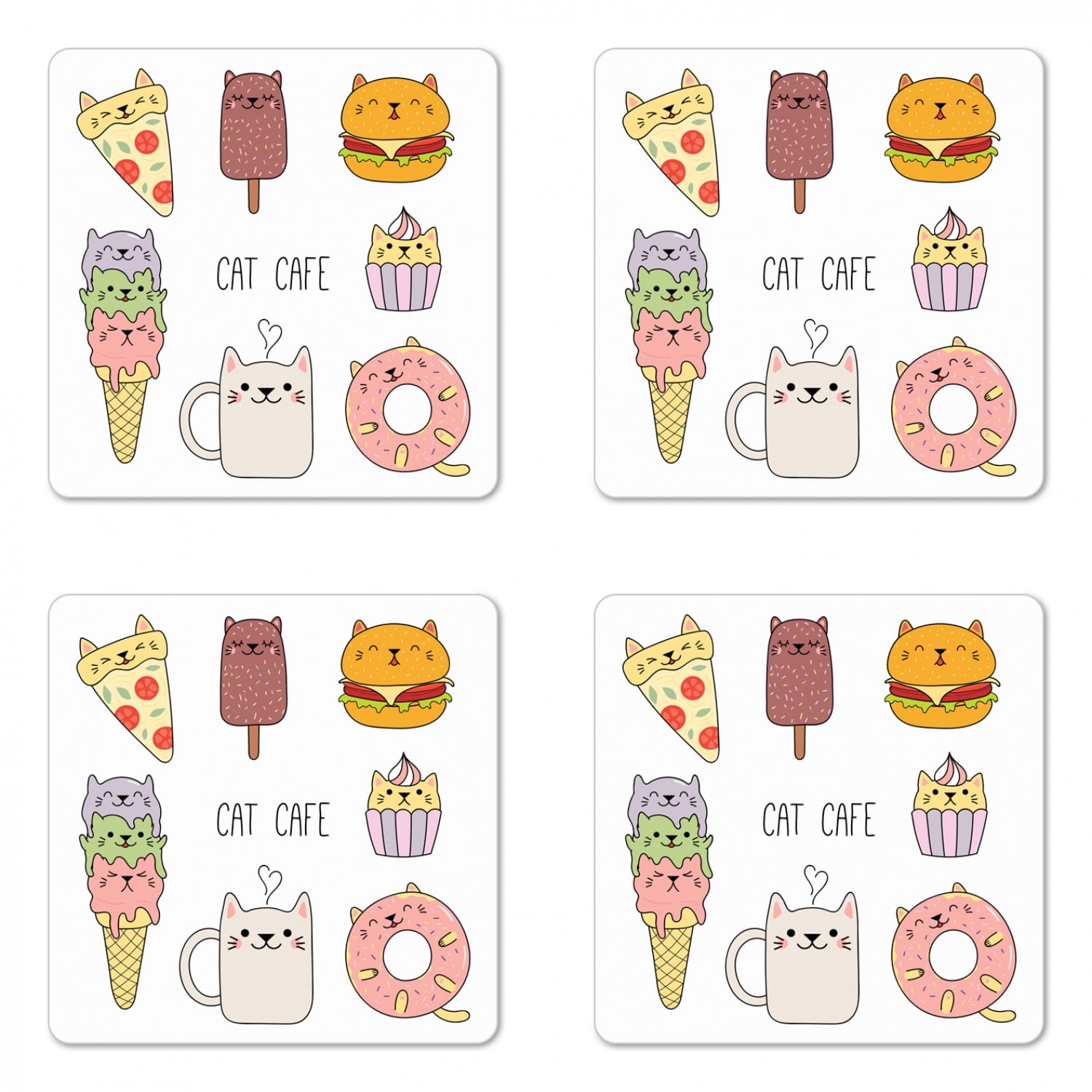 Cartoon Coaster Set of 4, Cats Cafe Hand Drawn in Food Illustration ...