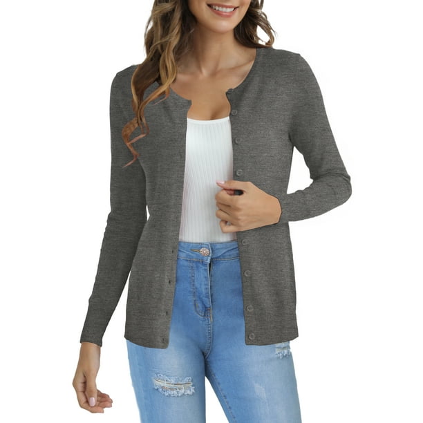 Voianlimo Womens Button Down Crew Neck Long Sleeve Soft Knit Cardigan