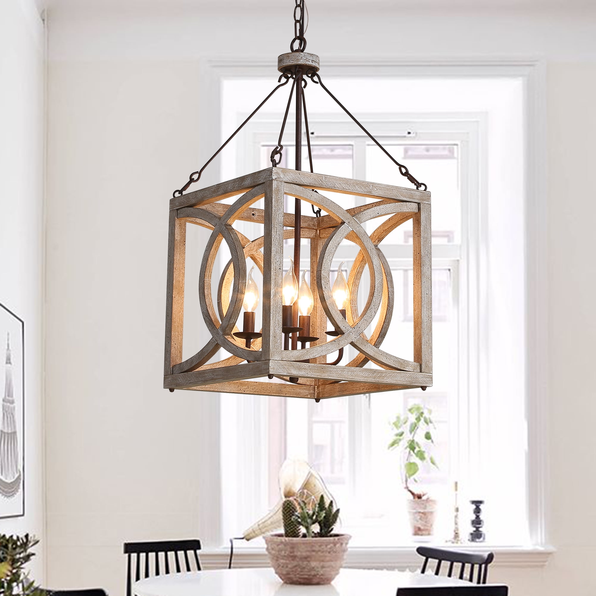 4-Light Farmhouse Wood Chandelier Rustic Kitchen Pendant Light Fixture ...