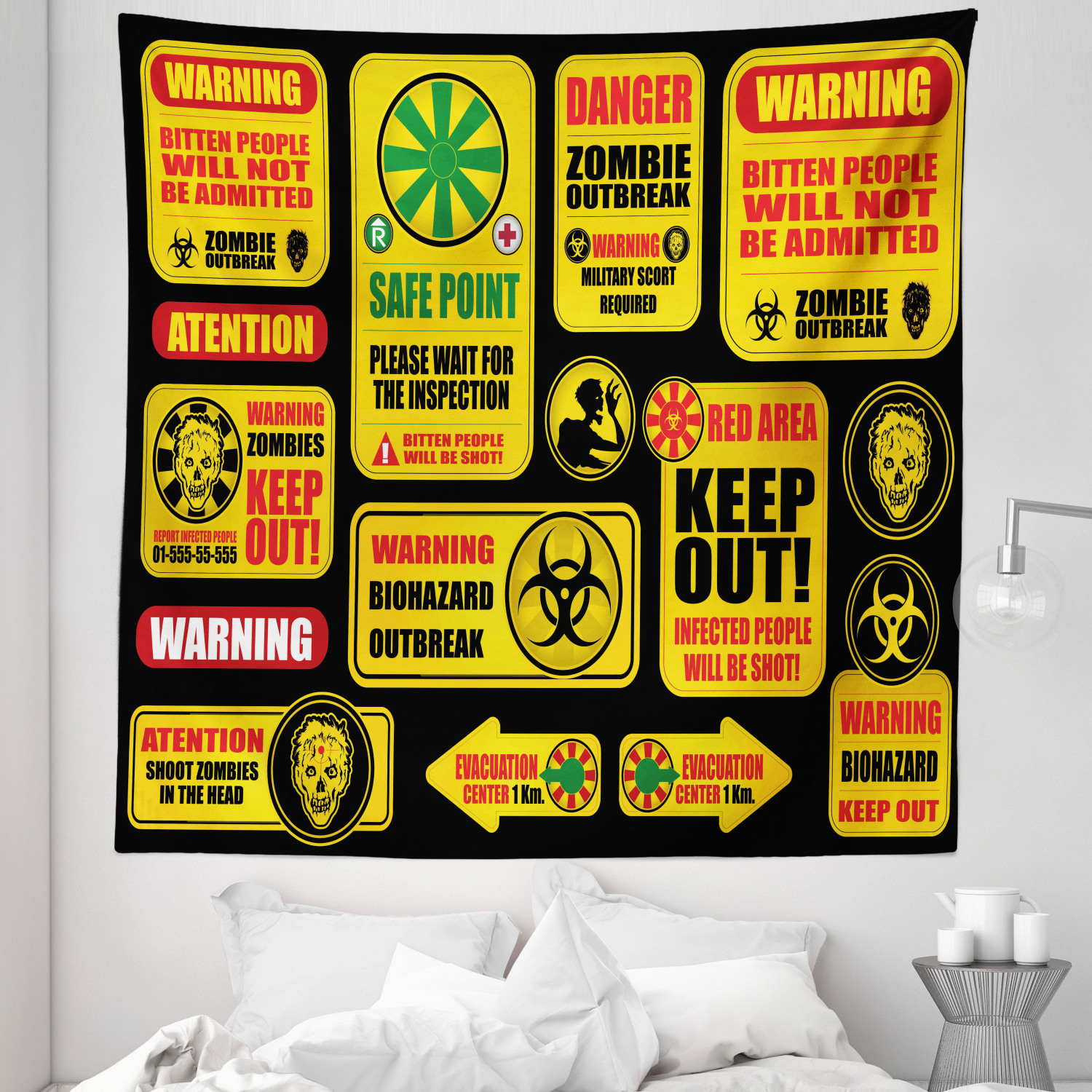 Zombie Tapestry, Apocalypse Signs Attention Danger Safe Point Evil ...