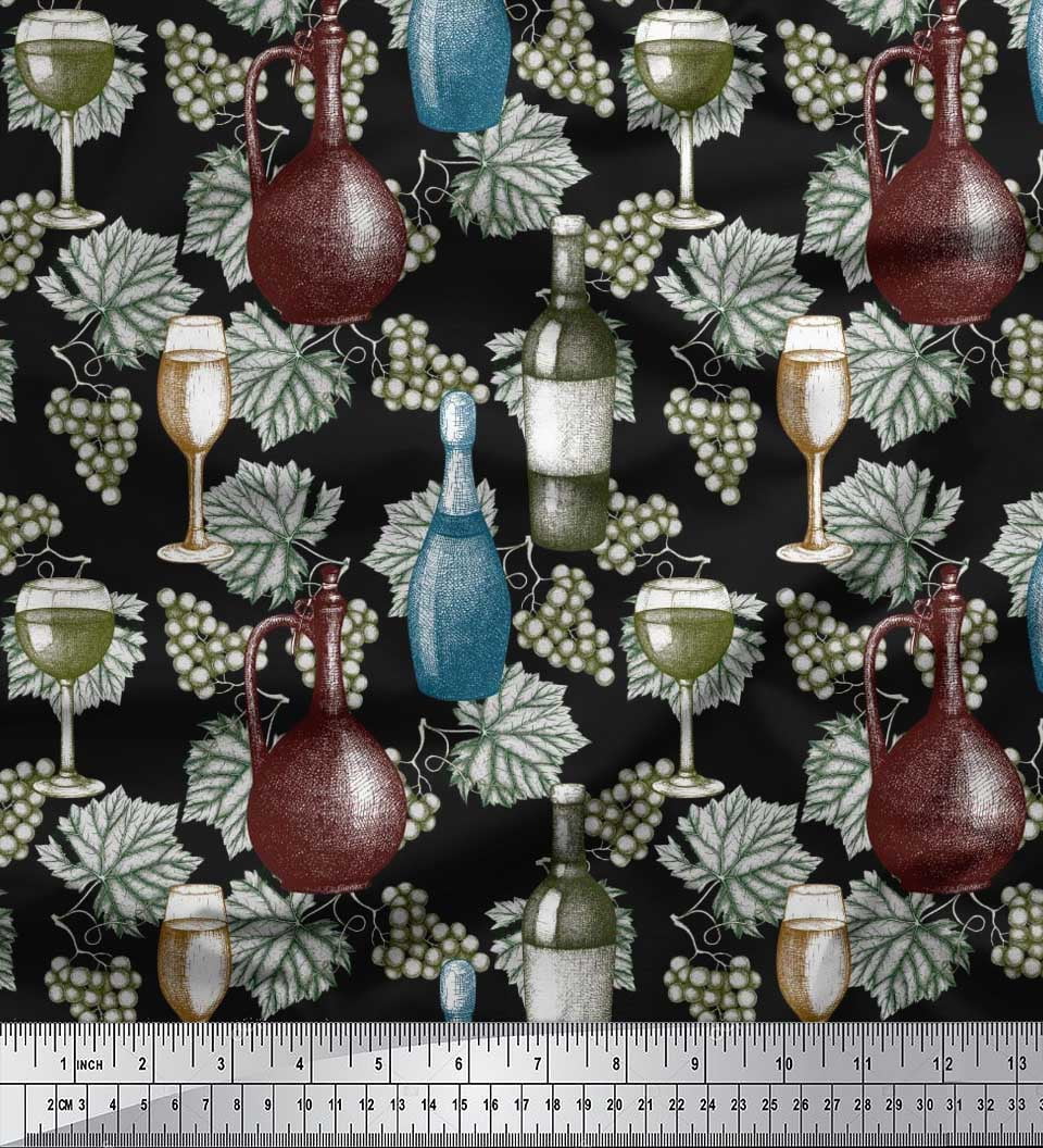 Soimoi Satin Silk Fabric Wine Bottle,Leaves & Grapes Fruits Printed ...