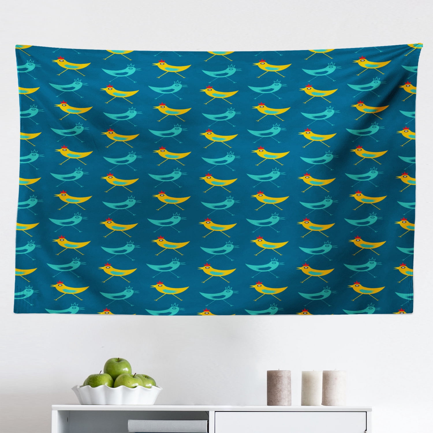 Yellow Bird Tapestry, Cartoon Animal Design of Mother Duck and ...