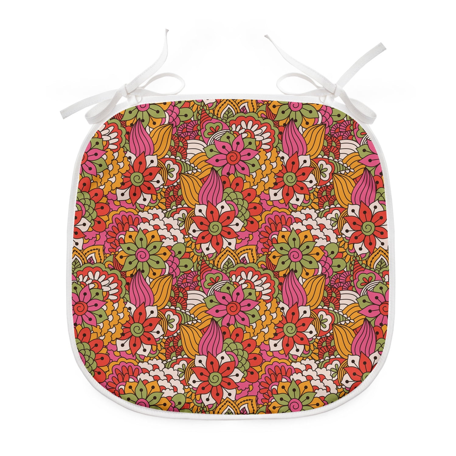 Colorful Dining Chair Pad, Pattern with Floral Elements Vibrant Colored ...