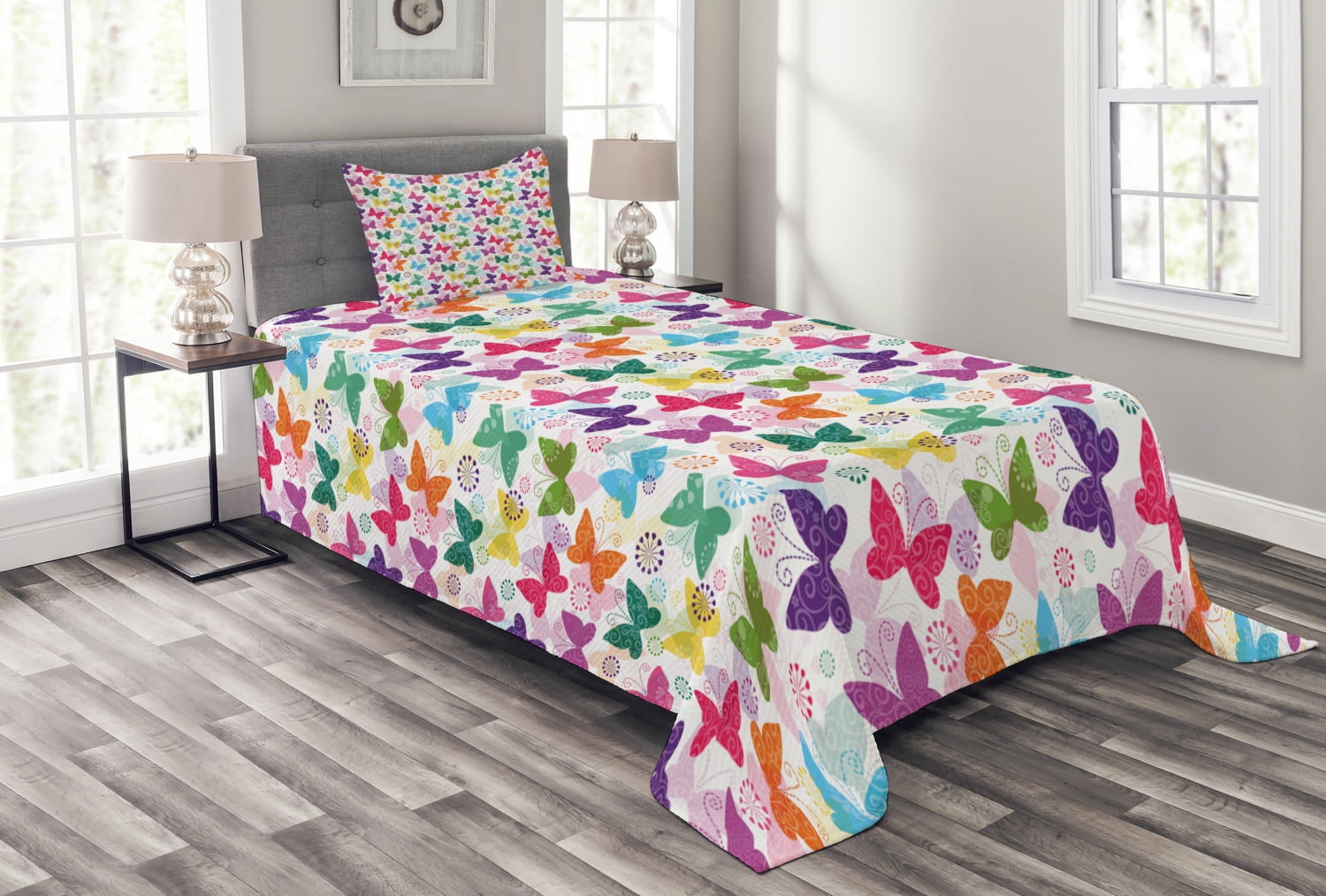 Butterfly Bedspread Set Twin Size, Surreal Animal Silhouettes with ...