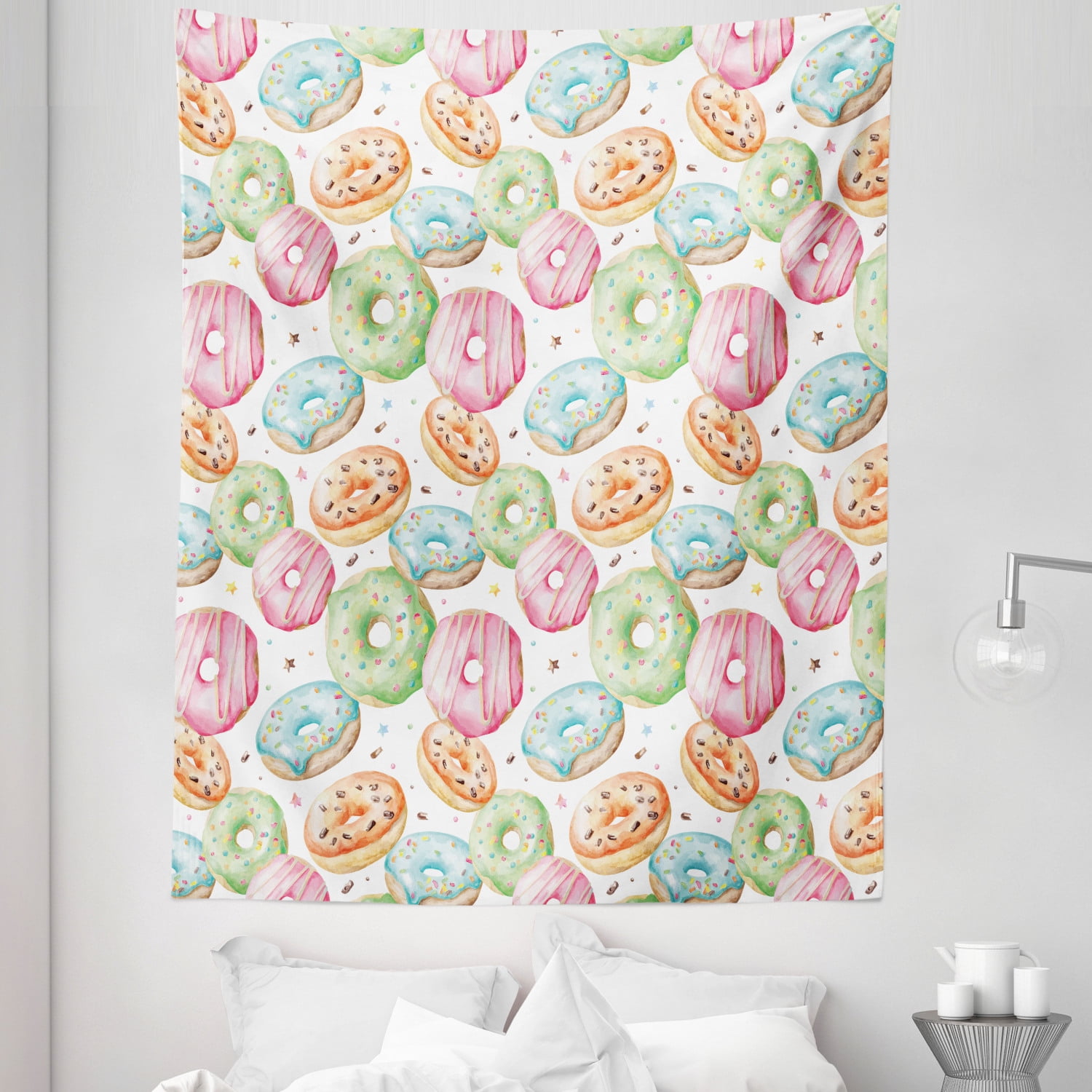 Watercolor Tapestry, Delicious Donuts Pattern Various Flavors Sprinkles Stars Background, Fabric ...